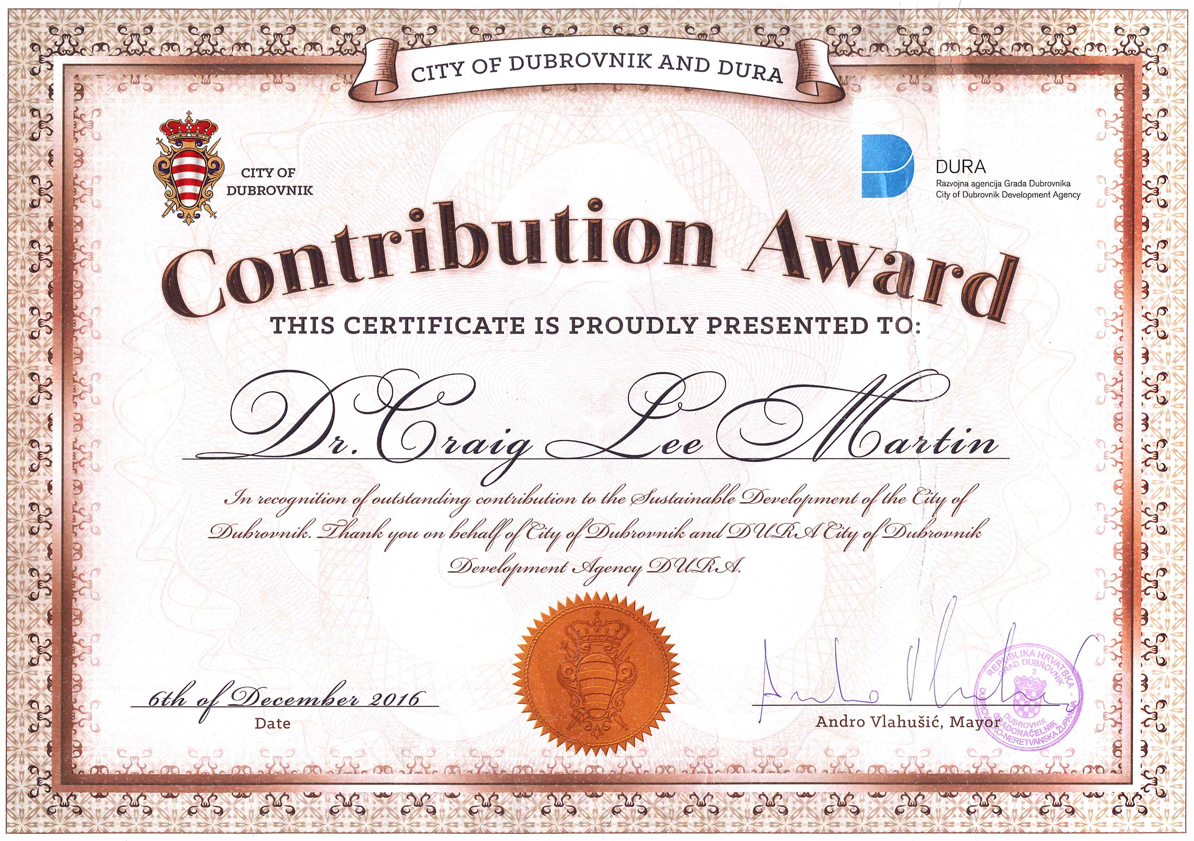 City of Dubrovnik 'Contribution Award' - In recognition of outstanding ...
